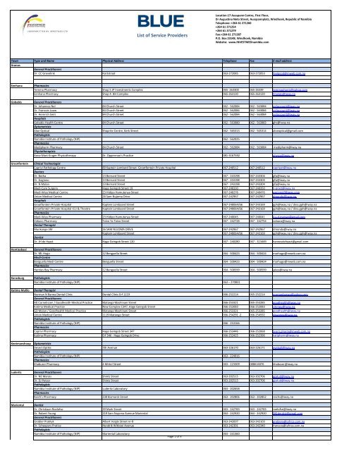 Nambia Service Provider list BLUE 21 09 2012.xlsx - BLUE Namibia
