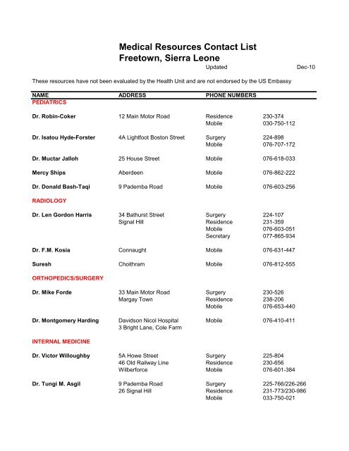 Medical Resources Contact List Freetown, Sierra Leone