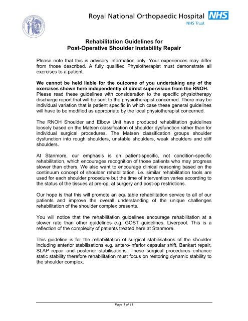 Rehabilitation guidelines for post operative shoulder instability repair