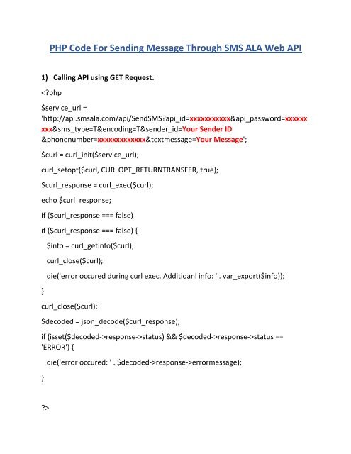 PHP Code For Sending Message Through SMS ALA Web API
