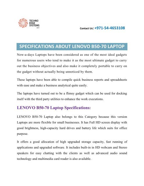Specifications about LENOVO B50-70 Laptop