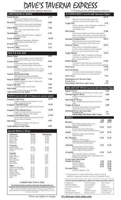 Express Take-Out & Delivery Menu - Dave's Downtown Taverna