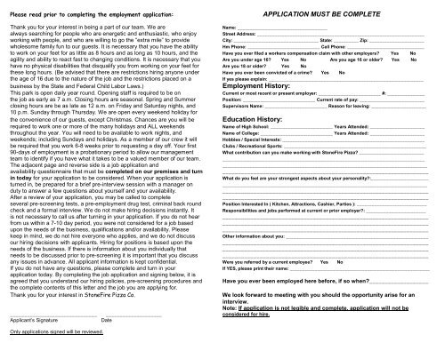 Application for Hiring - StoneFire Pizza Co.