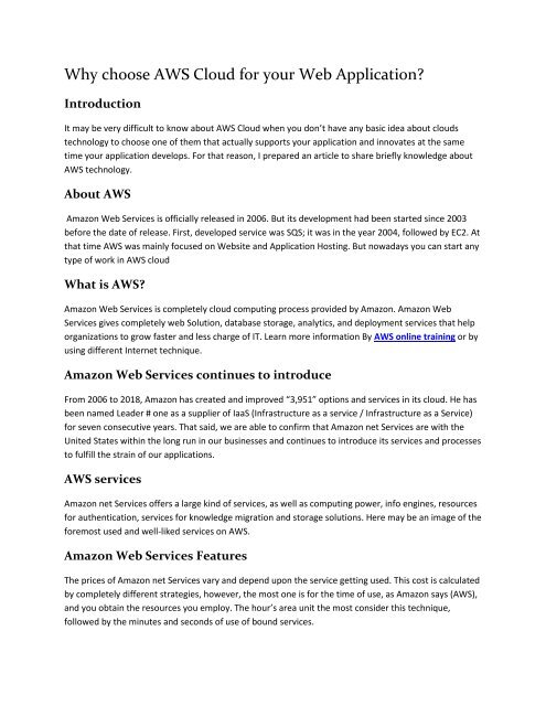 Why choose AWS Cloud for your Web Application Why choose AWS Cloud for your Web Application