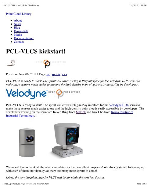 PCL-VLCS kickstart! - Point Cloud Library - Velodyne Lidar