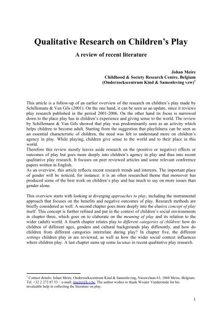 Qualitative Research on Children's Play - Kind en Samenleving