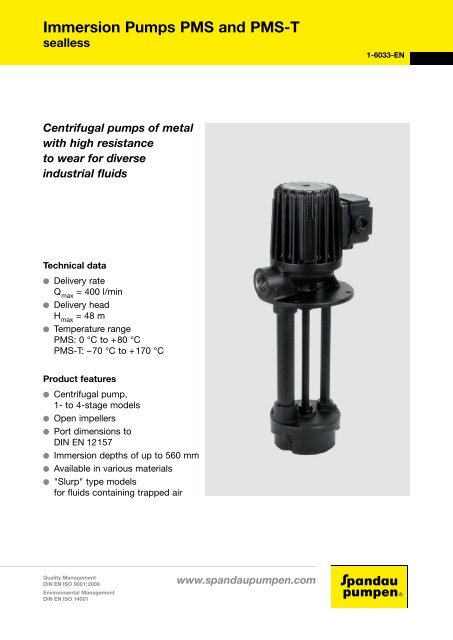 Immersion Pumps PMS and PMS T sealless - Spandau Pumpen