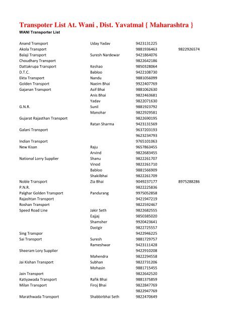 Transporter List At. Wani , Dist. Yavatmal