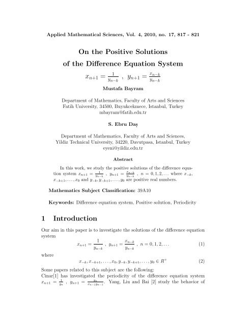 On the Positive Solutions of the Difference Equation System , yn+1 ...
