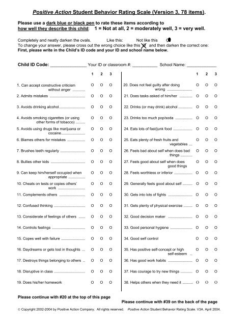 Positive Action Student Behavior Rating Scale