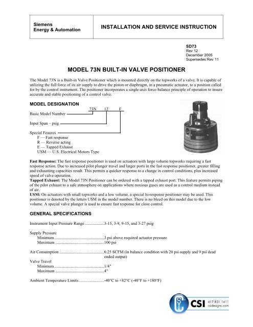 MODEL 73N BUILT-IN VALVE POSITIONER - Csidesigns.com