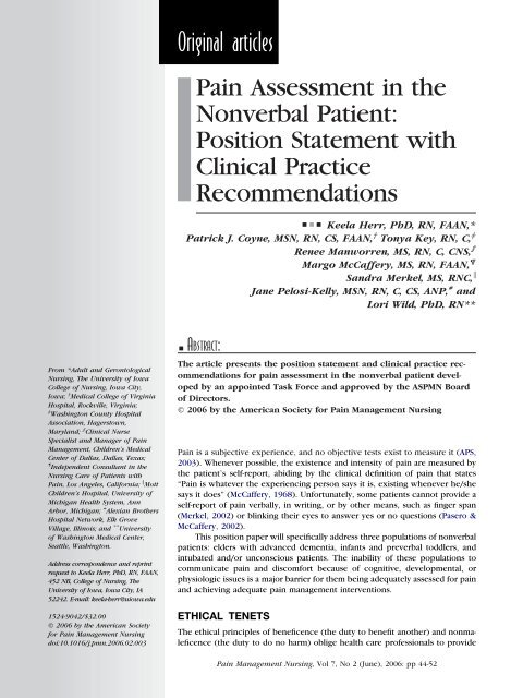 Pain Assessment in the Nonverbal Patient: Position Statement with ...