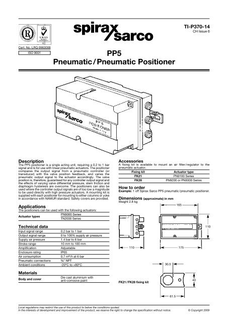 PP5 Pneumatic / Pneumatic Positioner - Spirax Sarco
