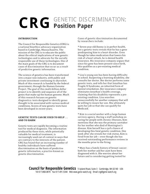 GENETIC DISCRIMINATION: Position Paper - Council for ...