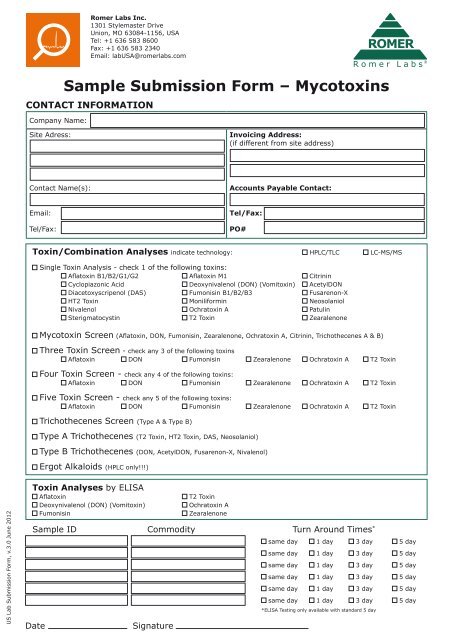 Sample Submission Form – Mycotoxins - Romer Labs