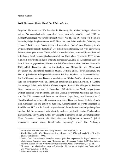 Martin Watson Wolf Biermann: Deutschland. Ein Wintermärchen ...