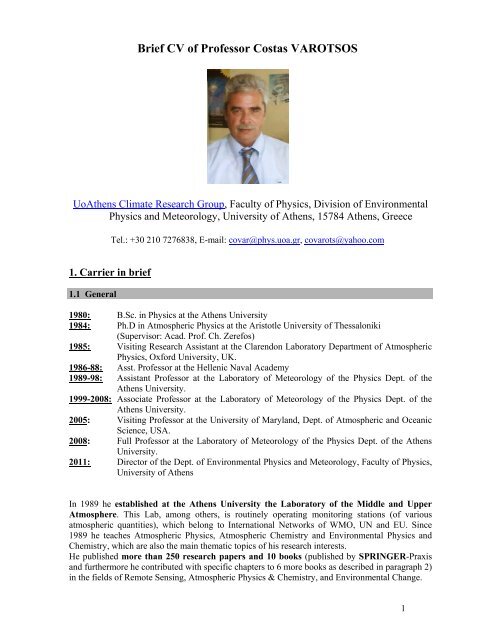 Brief CV of Professor Costas VAROTSOS