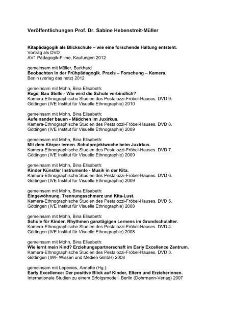 Veröffentlichungen Prof. Dr. Sabine Hebenstreit-Müller Veröffentlichungen Prof. Dr. Sabine Hebenstreit-Müller