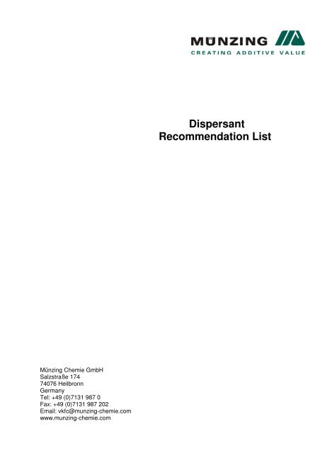Dispersant Recommendation List - Munzing