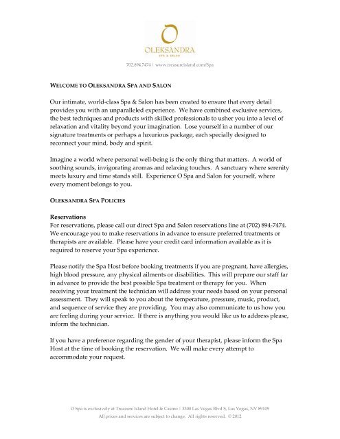 Menú Del Spa Treasure Island De Las Vegas Hilton Lake Las Vegas