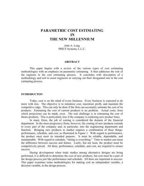 parametric cost estimating in the new millennium - PRICE Systems