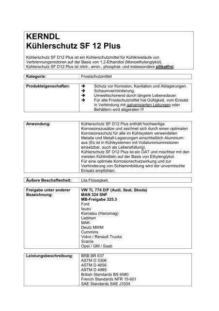 Datenblatt Kühlerschutz SF12 Plus - H.Kerndl GmbH