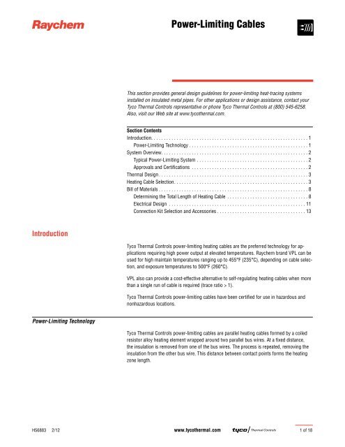 Power-Limiting Cables - Tyco Thermal Controls
