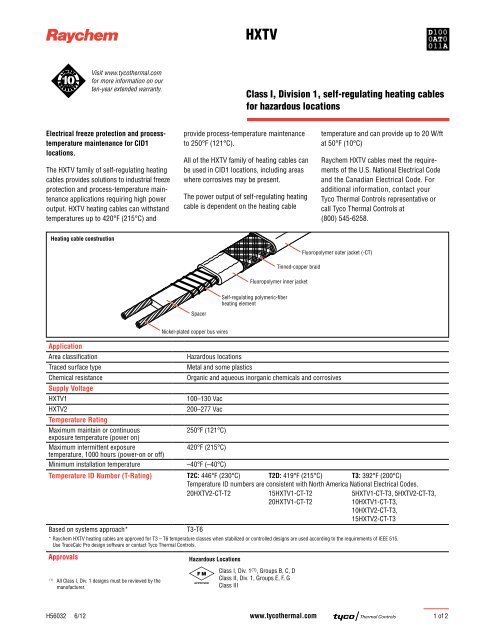 Class I, Division 1, self-regulating heating cables for hazardous ...