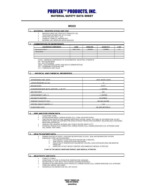 Material Safety Data Sheet - Proflex Products Inc.