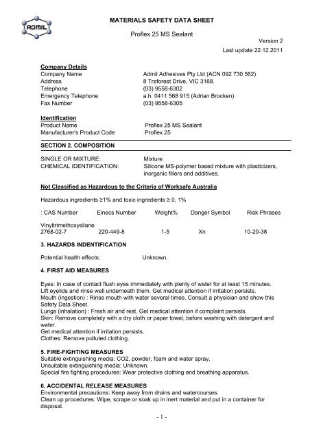MATERIALS SAFETY DATA SHEET Proflex 25 ... - Admil Adhesives