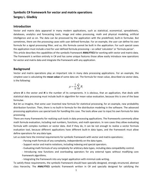 Symbolic C# framework for vector and matrix operations