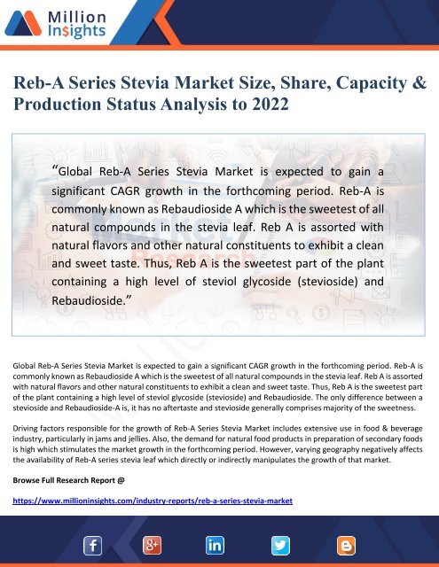 Reb-A Series Stevia Market Size, Share, Capacity & Production Status ...