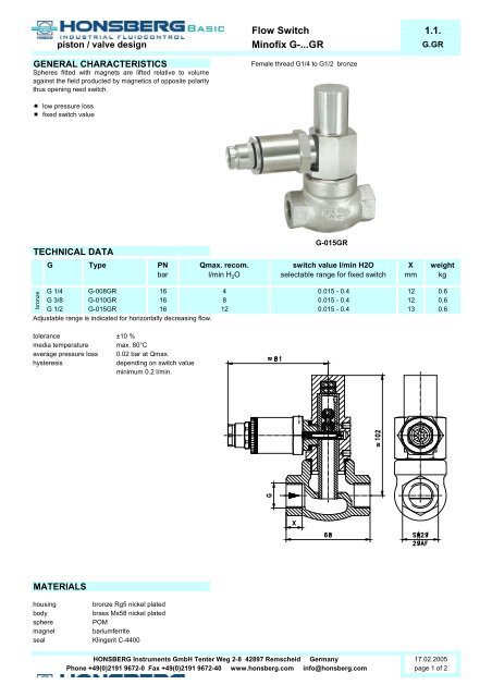 Flow Switch 1.1. Minofix G-...GR - Honsberg