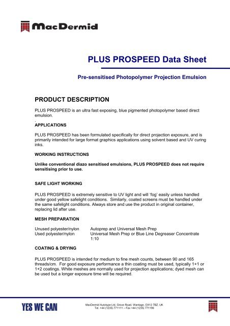 PLUS PROSPEED Data Sheet - MacDermid Autotype