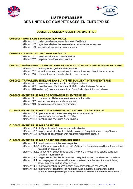 Liste des unités de compétences en entreprise (PDF - CCI du Jura