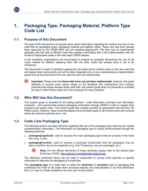 1. Packaging Type, Packaging Material, Platform Type Code List - GS1