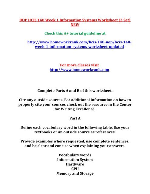 UOP HCIS 140 Week 1 Information Systems Worksheet