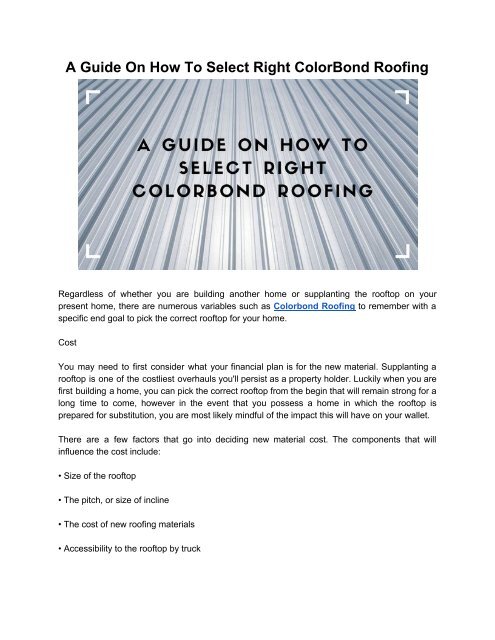 ColorBond Roofing Installation Guide