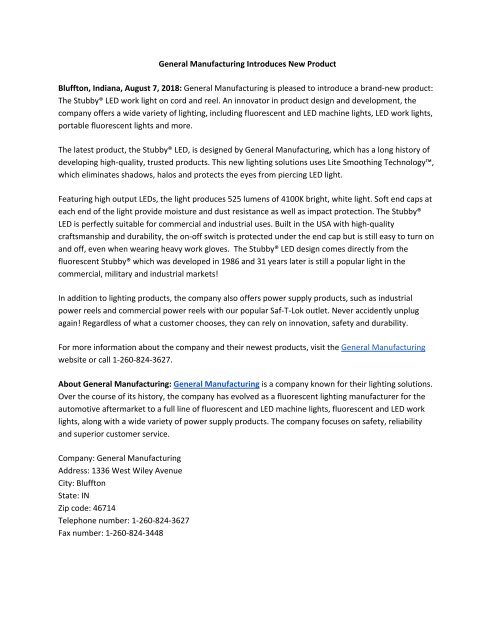 General Manufacturing Introduces New Product