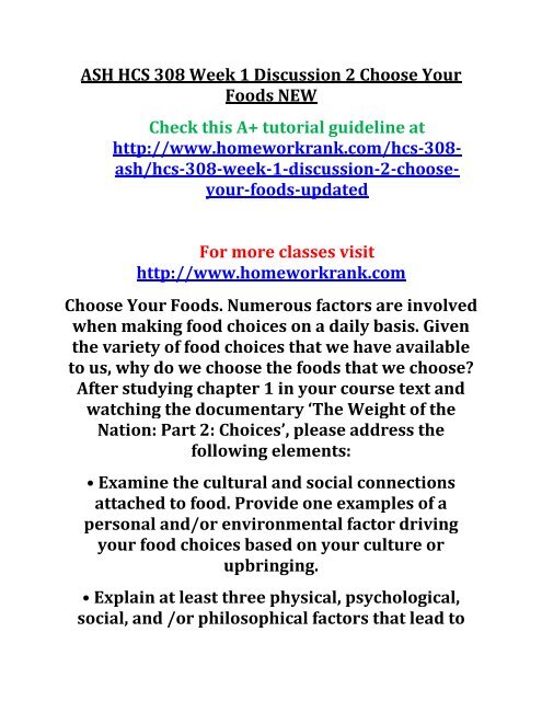ASH HCS 308 Week 1 Discussion 2 Choose Your Foods NEW