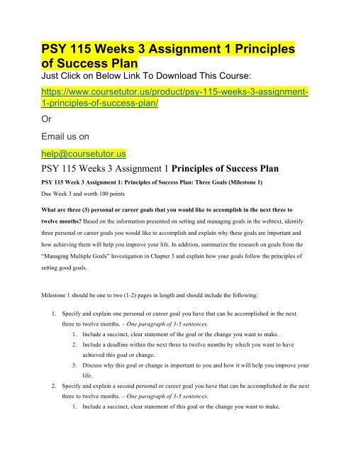 PSY 115 Weeks 3 Assignment 1 Principles of Success Plan