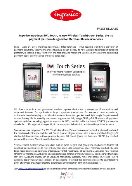 Ingenico introduces iWL Touch, its new Wireless TouchScreen ...