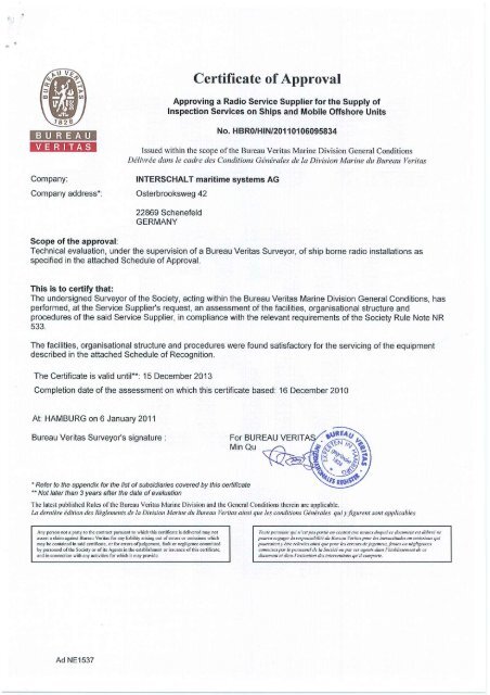 BV Certificate of approval GMDSS - INTERSCHALT maritime ...