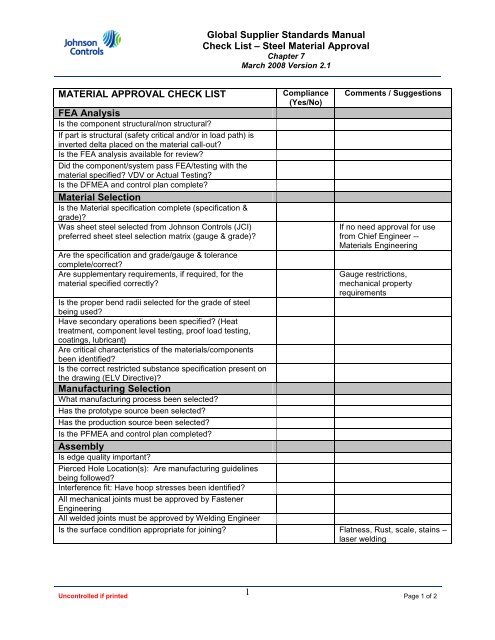 Materials Check List - Johnson Controls Inc.