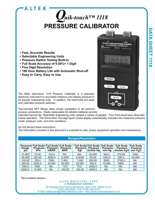 Quik-touch™ 1118 PRESSURE CALIBRATOR - Altek Calibrator