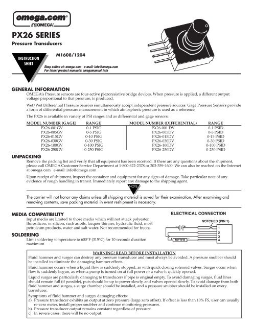Pressure Transducers PX26 Series - Omega Engineering