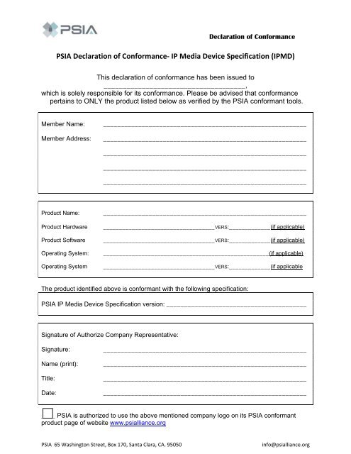 PSIA IPMD Conformant Product Declaration Form