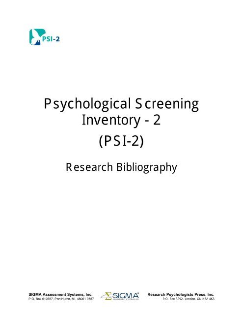 Psychological Screening Inventory - 2 (PSI-2) - Sigma Assessment ...