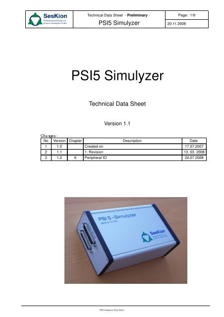 PSI5-Simulyzer - technical datasheet