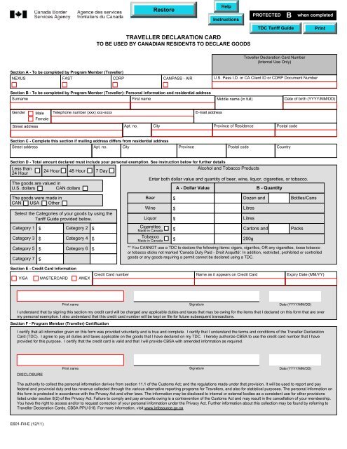 Traveller Declaration Card to Be Used by Canadian Residents to ...